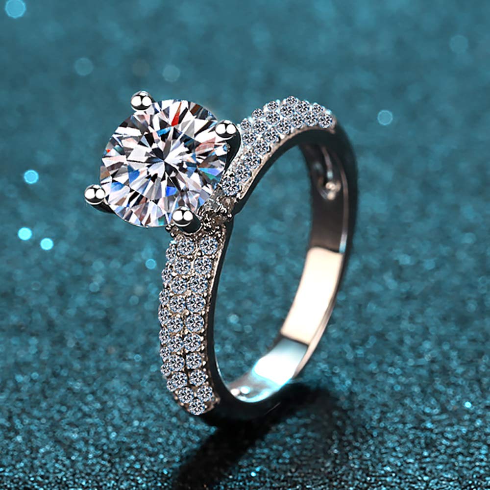 MOSSA Wedding Ring Set, 2 Carats Round Cut Moissanite Engagement Ring Wedding Band silver-plated-base for Promise Eternity (6)