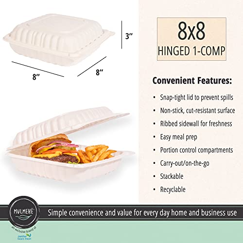 MULMEHË Eco-Friendly Mineral Filled Polypropylene Plastic Hinged Take Out Food Containers, 8x8x3, Vented Single Compartment, Natural White, 100 Pack