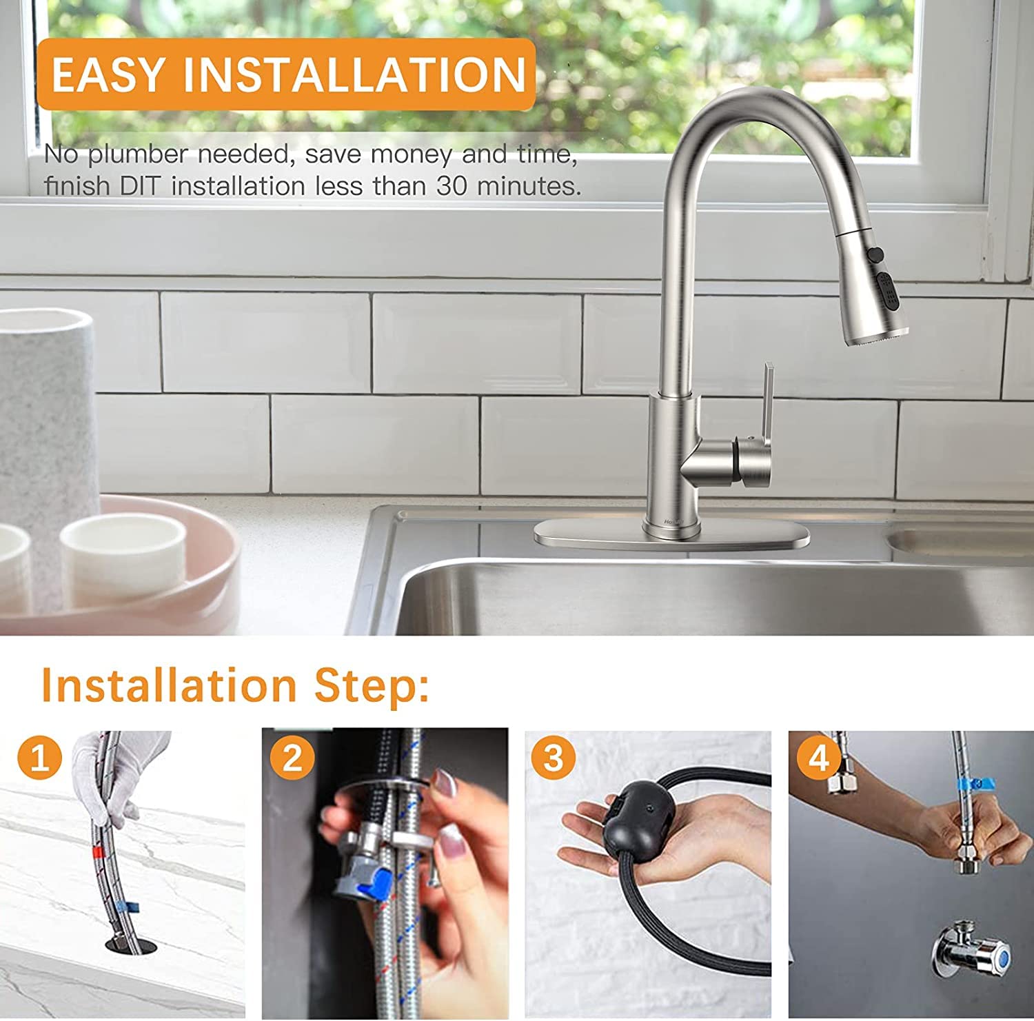 ShiningLove Kitchen Faucet, Modern Kitchen Sink Faucet with Pull-Down Sprayer, Single Handle Stainless Steel Sink Faucet for Kitchen Sink Brushed Nickel