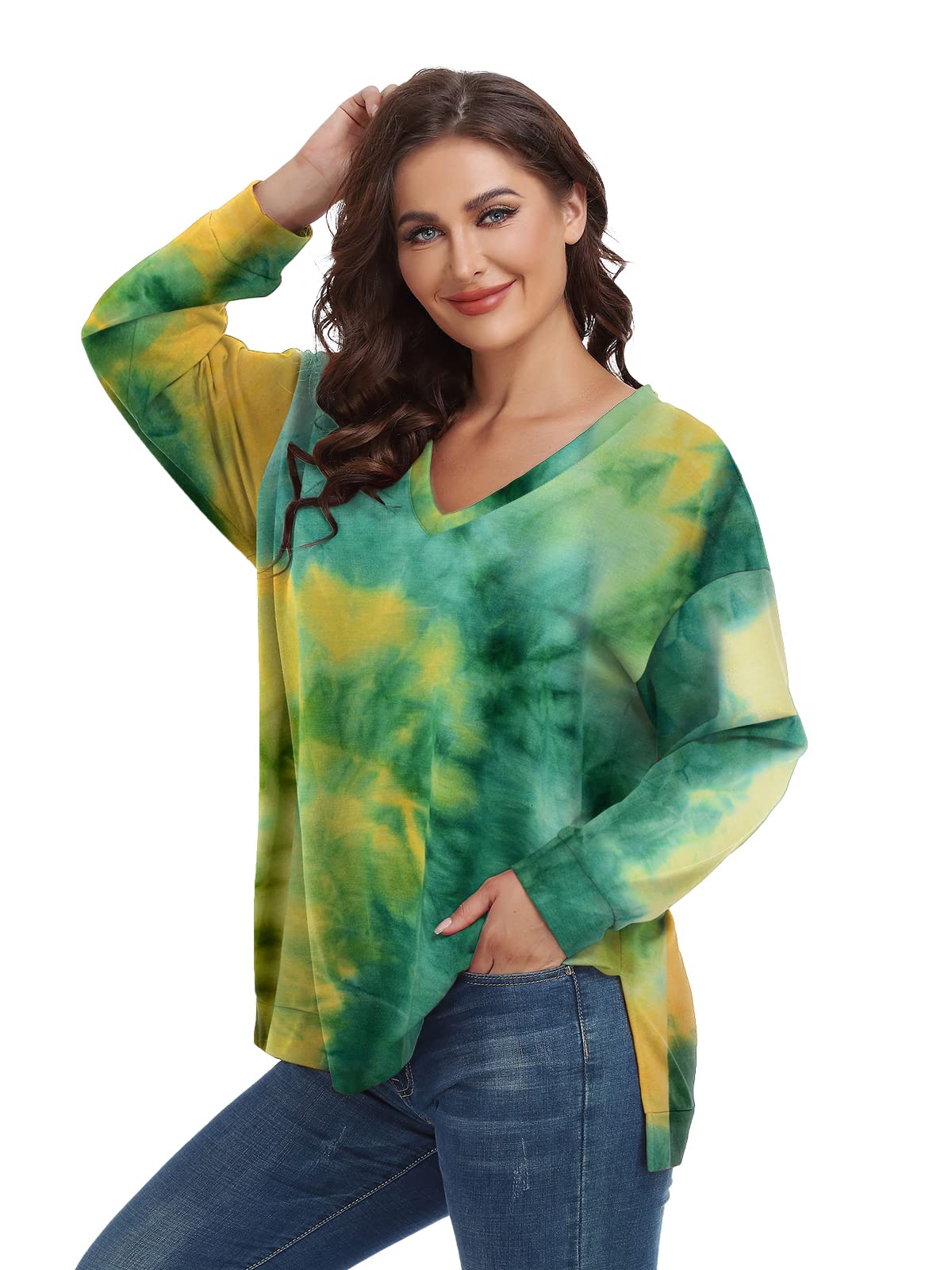LARACE Tie Dye Sweatshirts for Women Plus Size Tops V Neck Side Split Shirt Casual Long Sleeve Pullover Tee(E-DarkGreen 4X)