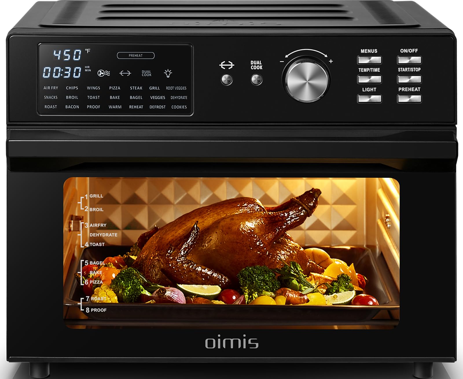OIMIS Air Fryer Toaster Oven, 32QT Toaster Oven 21-in-1 Extra Large Countertop Convection Rotisserie Oven Patented Dual Air Duct System with 6 Accessories Recipes Black