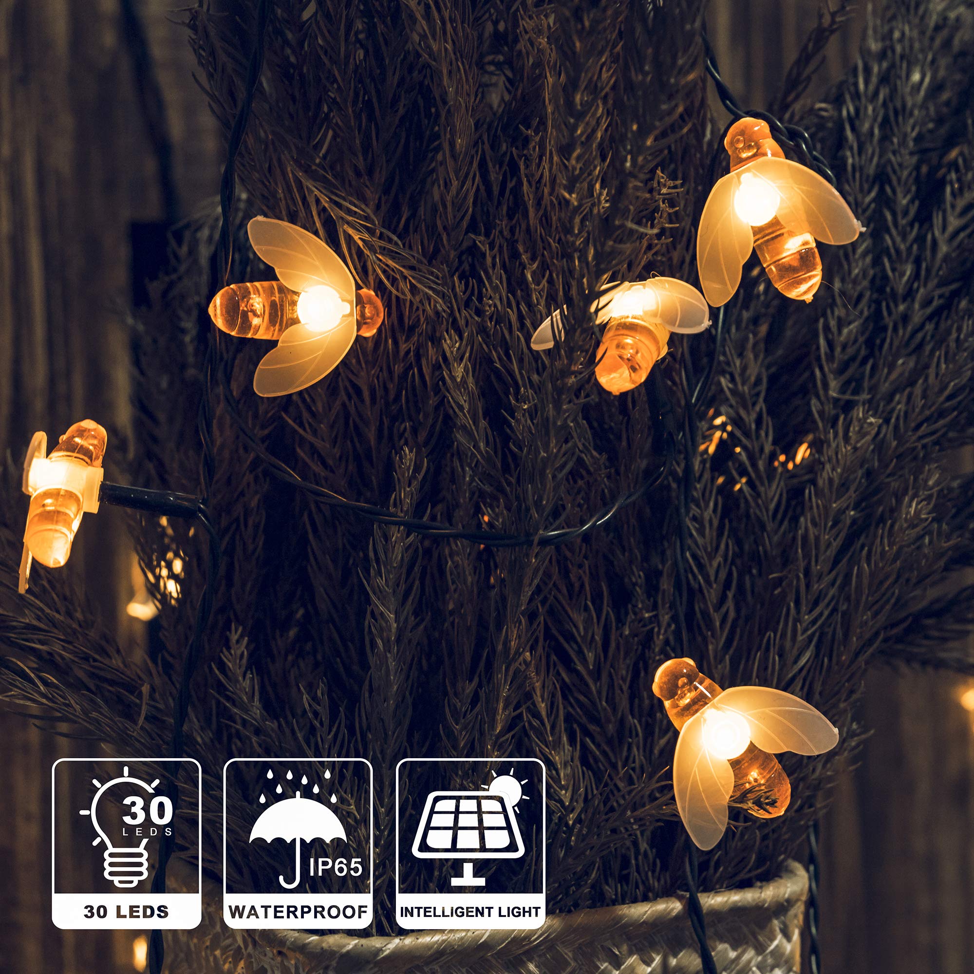 shinymolly Solar String Lights, 2 Pack 21FT 30 LED Solar Bee Fairy Lights 8 Modes Waterproof Outdoor Honeybee String Lights for Garden Patio Gate Yard Party Wedding Indoor Bedroom (Warm White)