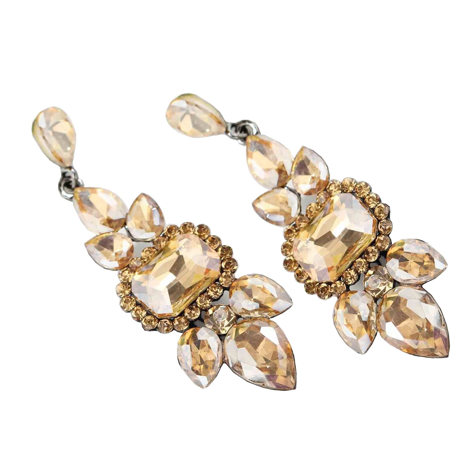 Large Art Deco Antique Vintage Style Gold Brown Amber Topaz Citrine Statement Rhinestone Earrings