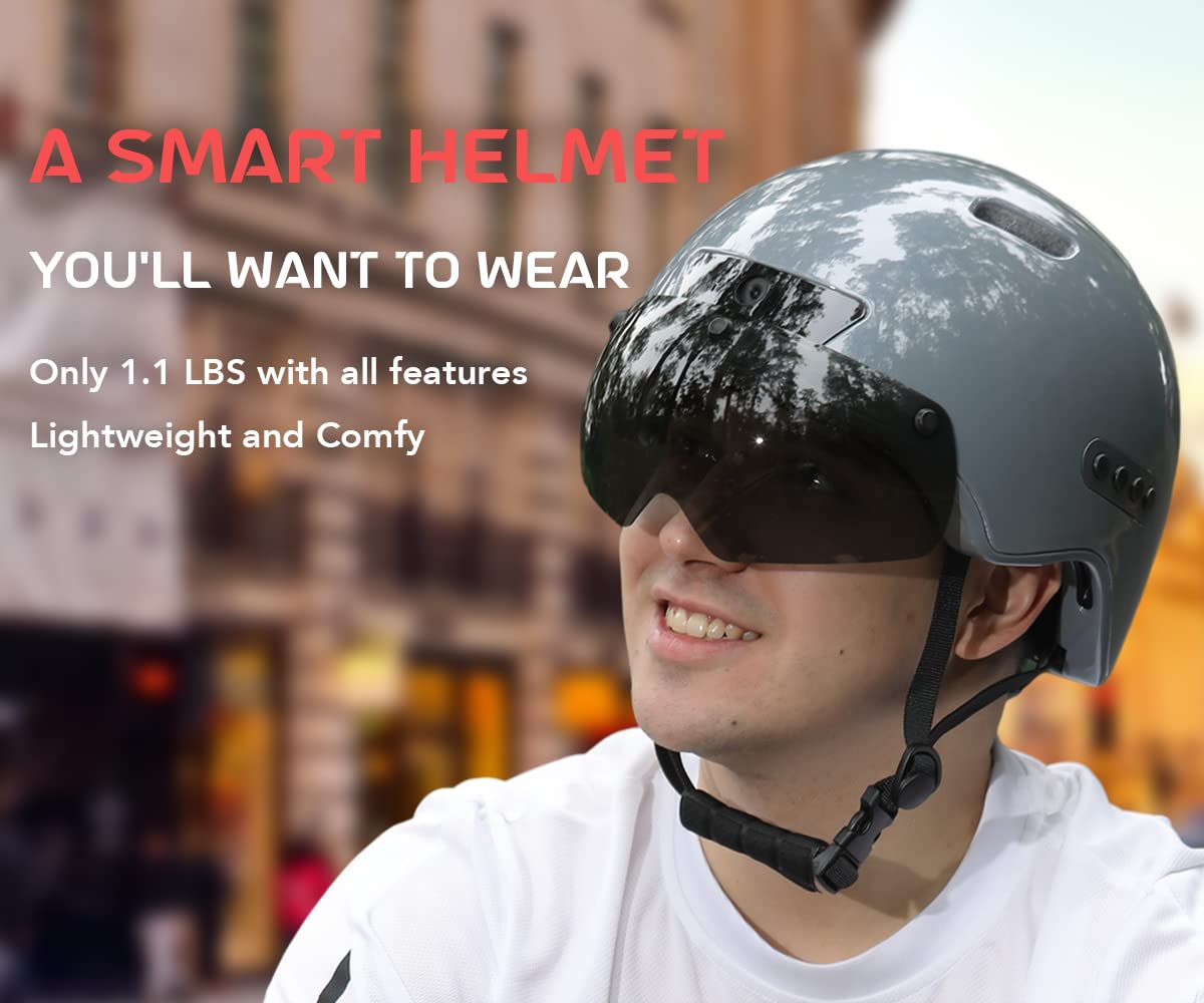 RENOLS Bluetooth Smart Bike Helmet with Dash Camera& LED Lights& Speakers for Urban Commuting Rechargeable Adult Bicycle Helmets with Visor Men/Women(Grey)