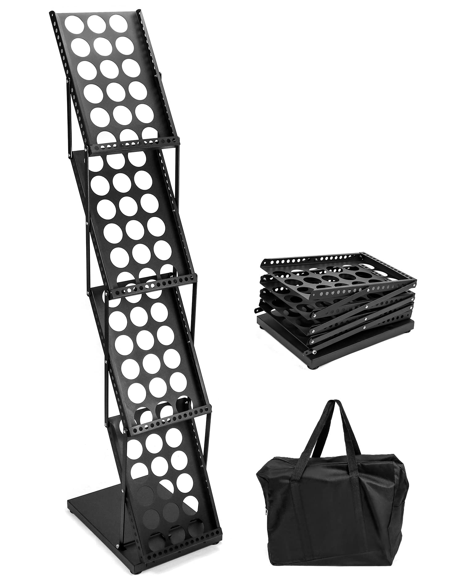 QWORK Magazine Brochure Display Rack Stand, 4 Pocket Foldable Literature Catalog Rack Book Holder Tradeshow Display Stand, for Office Store and Exhibition Trade Show (Black)