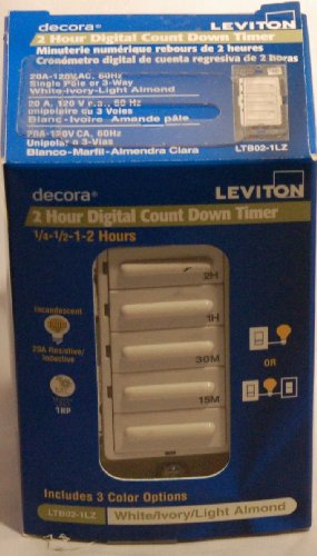 Leviton LTB02-1LZ Decora 1800W Incandescent/20A Resistive-Inductive 1HP Preset 15-30-60-120 Minute Countdown Timer Switch, White/Ivory/Light Almond faceplates included