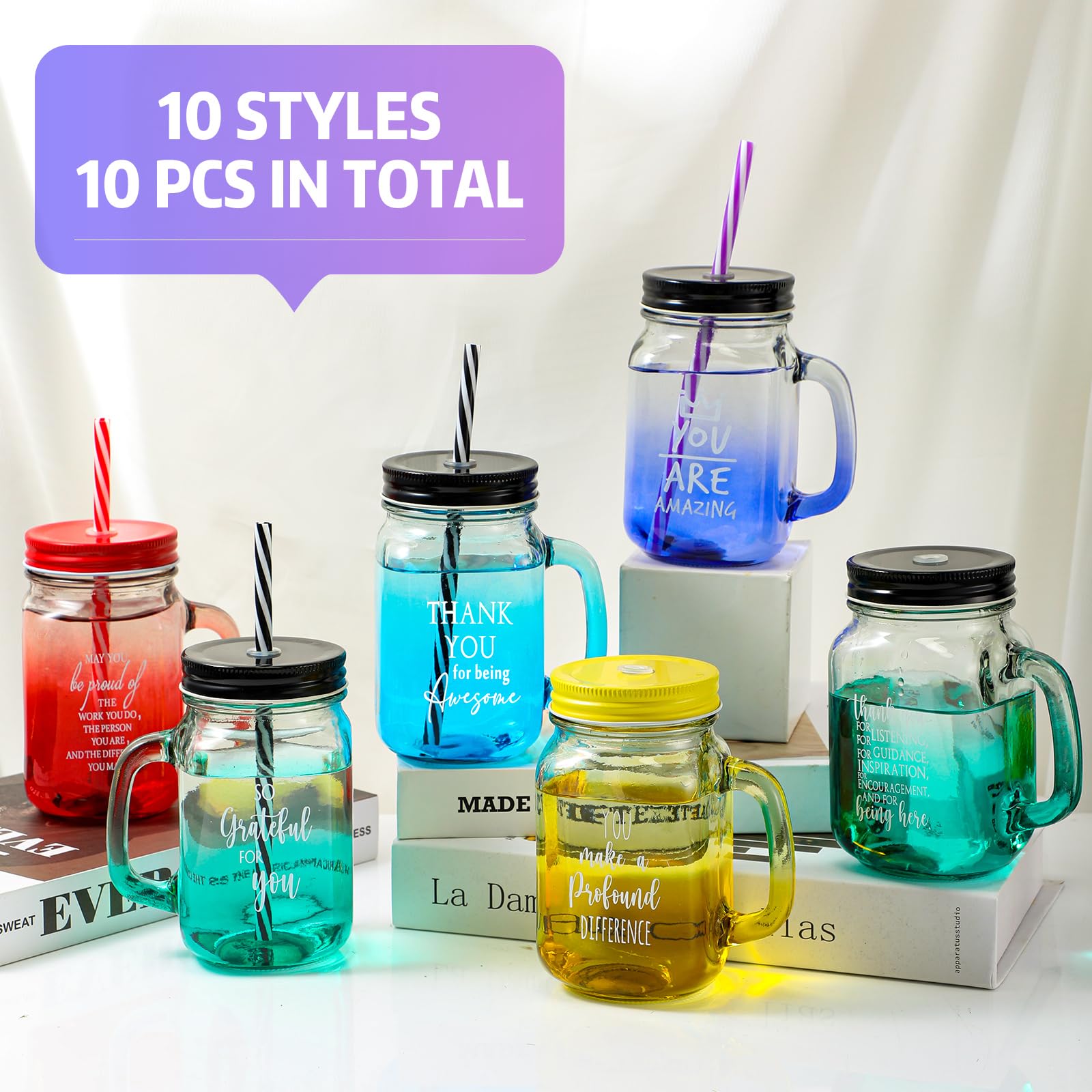 Meanplan Employee Appreciation Gift Bulk 16 oz Thank You Glass Cup with Handles Lids and Straws Mason Jar Mugs for Students Teacher Graduation Coworker Staff Nurse Work Team(Multicolor, 10 Pcs)