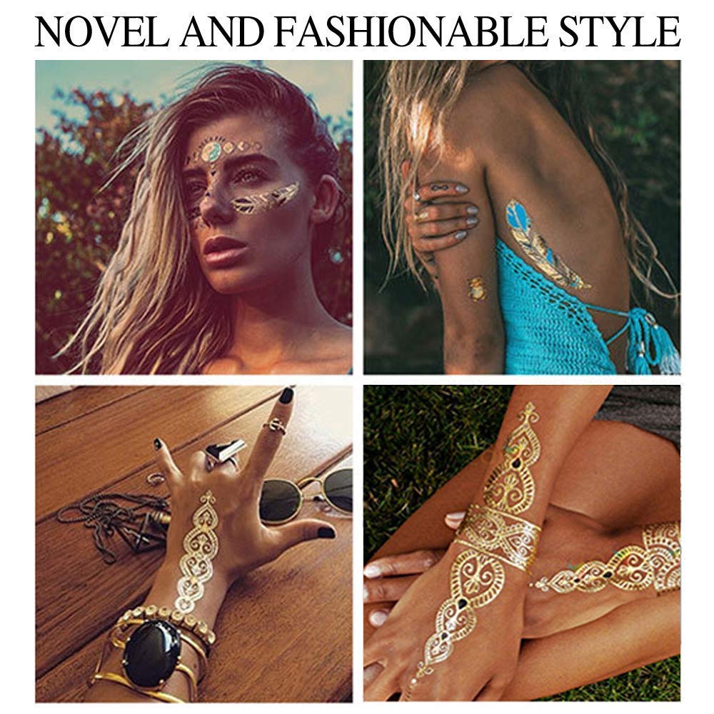 Metallic Temporary Tattoos 120+ for Women Teens Girls Tattoos Gold Silver Glitter Flash Waterproof Tattoo Stickers for Beach, Festivals, & Parties