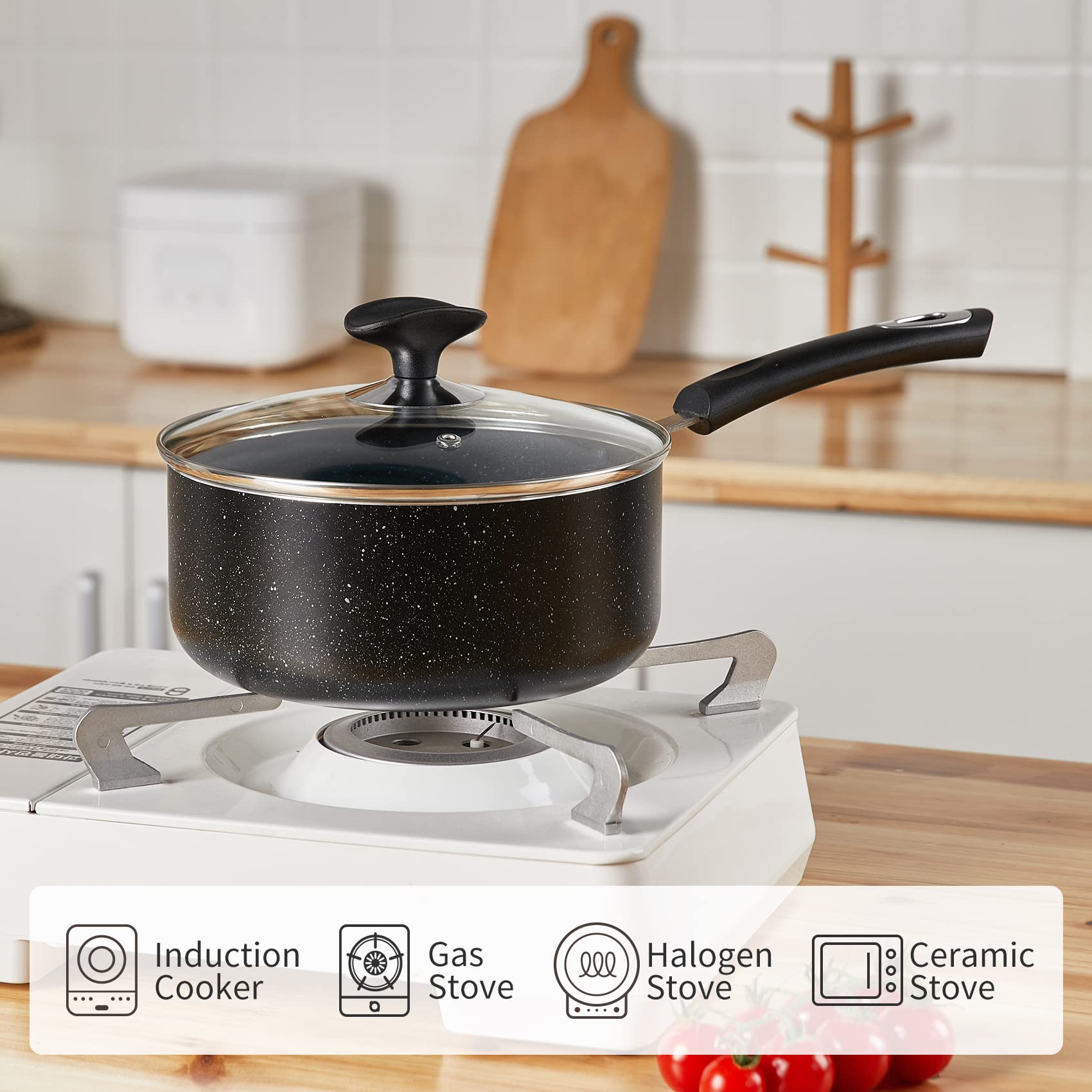 RATWIA 2 Quart Saucepan with Lid,Ultra Nonstick Sauce Pan 2Qt Small Pot with Glass Lid,Great for Home Kitchen Restaurant,Black