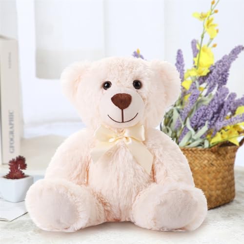 UHousDeco 3 Packs Beige Cute Teddy Bear Plush Stuffed Animals Wearing a Bow Baby Shower for Kid Gift