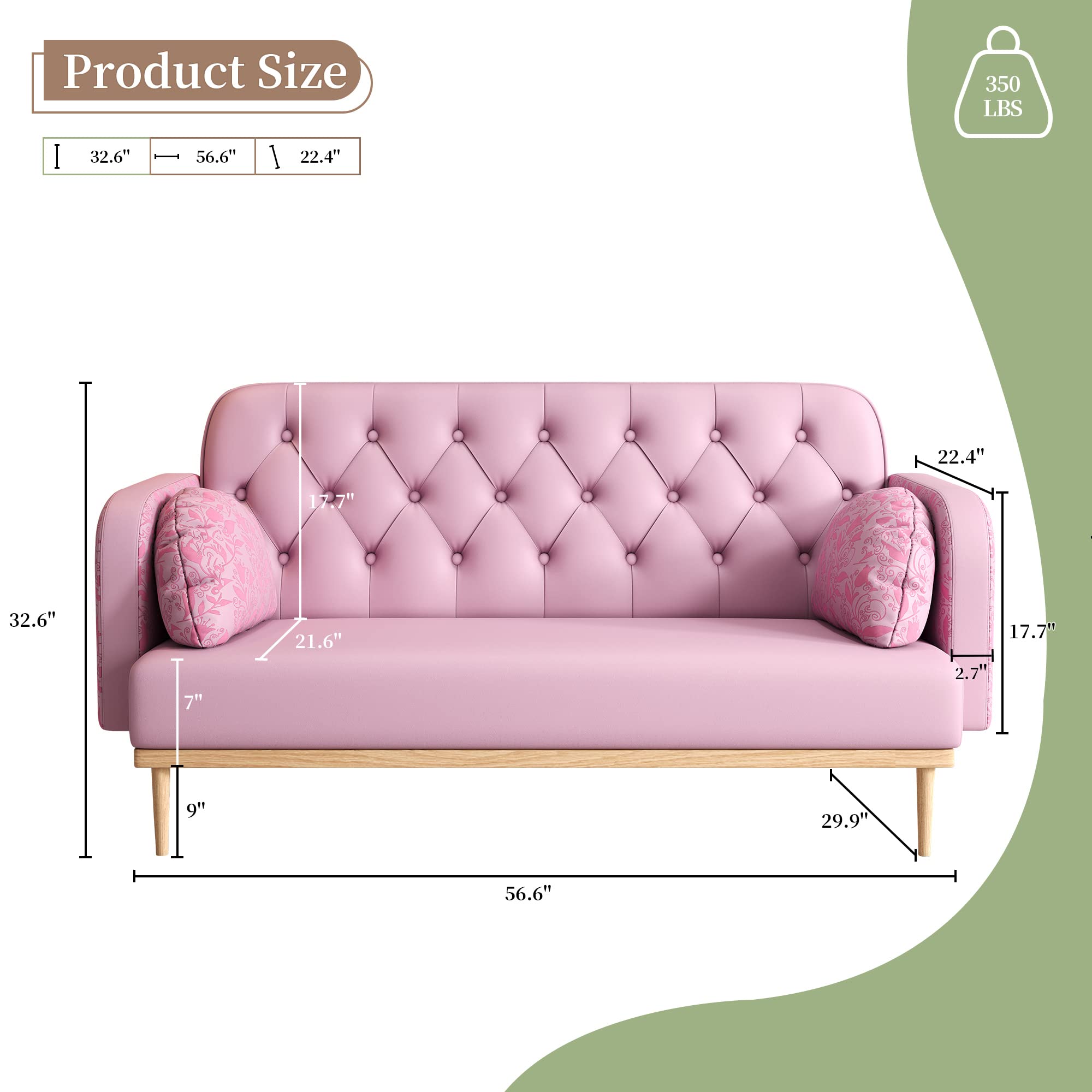 Loveseat Sofa, Mid Century Modern Decor Love Seat Couch, 56" 2-Seater Sofa Double seat Modern Sofa for Living Room, Apartment, Studio,Office & Small Space (Pink)