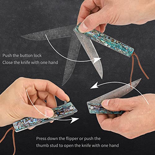 STANBIK Damascus Pocket Knife with Sheath,Abalone Shell Handle With 3.54" Damascu Blade,EDC Folding Knives for Camping Fishing Hiking Outdoor Work.