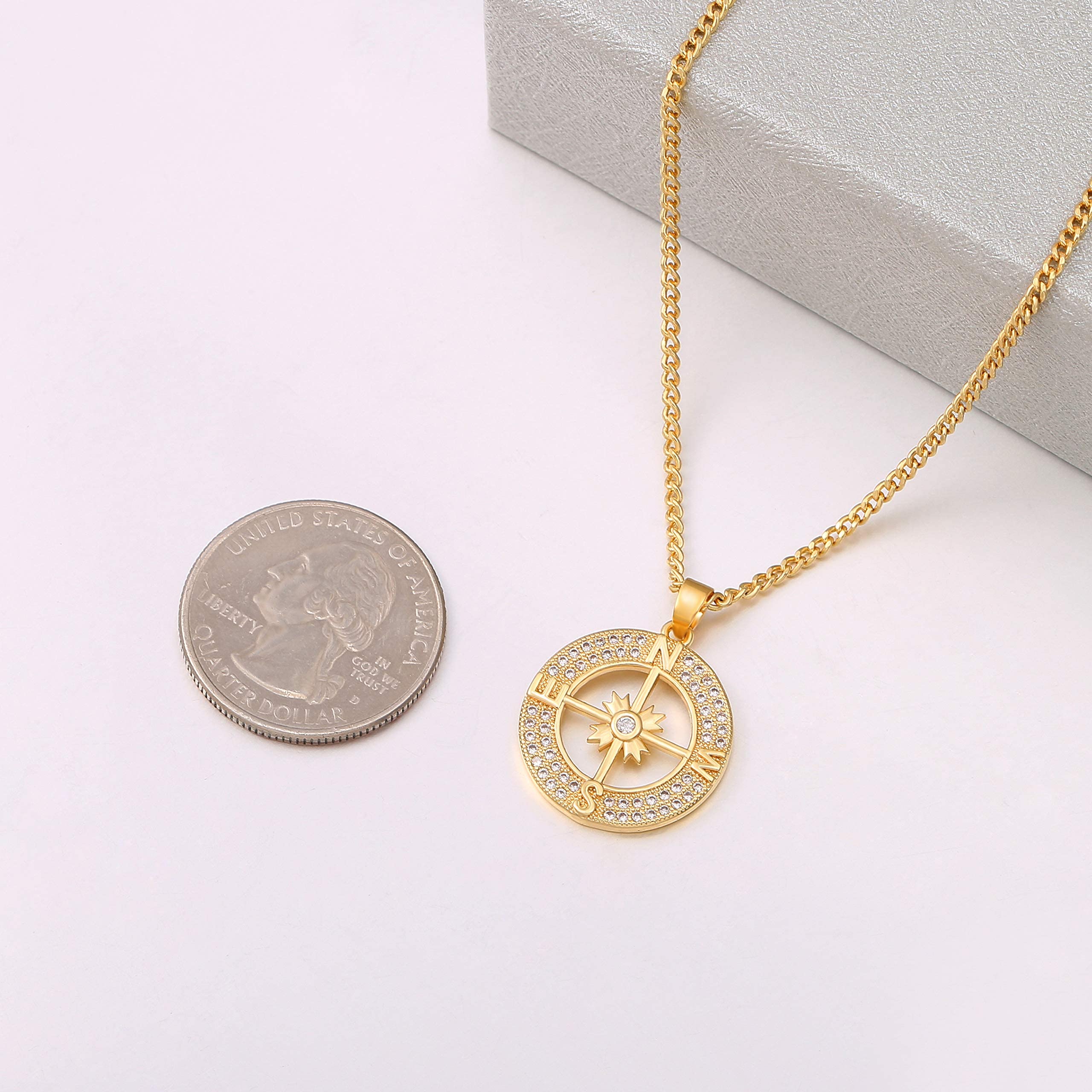 PEARLADA 18K Gold Cuban Chain Compass Pendant Necklace with Micro-Inlaid Cubic Zirconia Halo Womens Handmade Navigation Travel Jewelry for Graduation Gift
