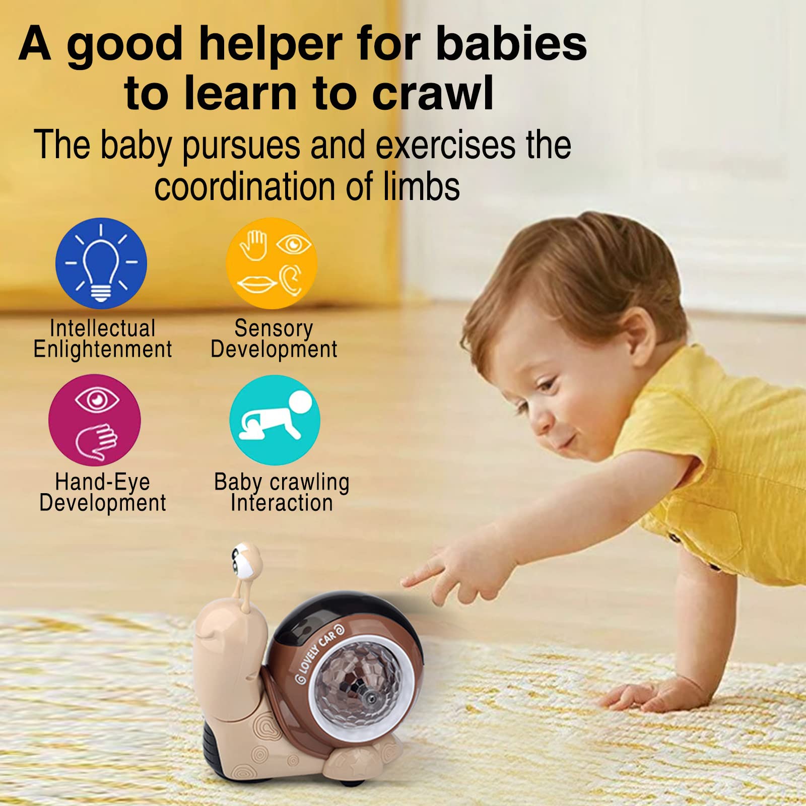 Snail Baby Toys, with Music and Dazzling Lights Crawling Snail Baby Toys, Automatic Obstacle Avoidance, Interactive Toys, Brown