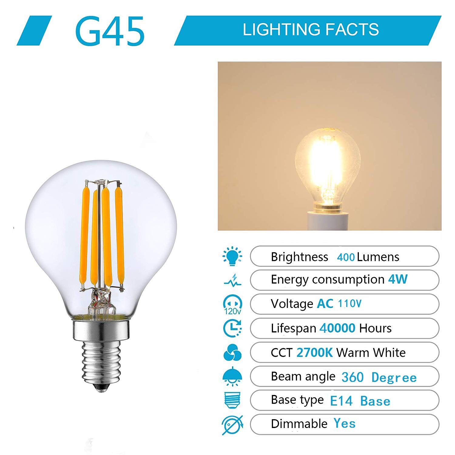 Lxcom Lighting E14 4W LED Filament Bulb Dimmable Vintage Edison Candle Light Bulb 4 Pack 2700K Warm White G45 Clear Glass Globe Lamp 400LM 40W Equivalent, AC 110V