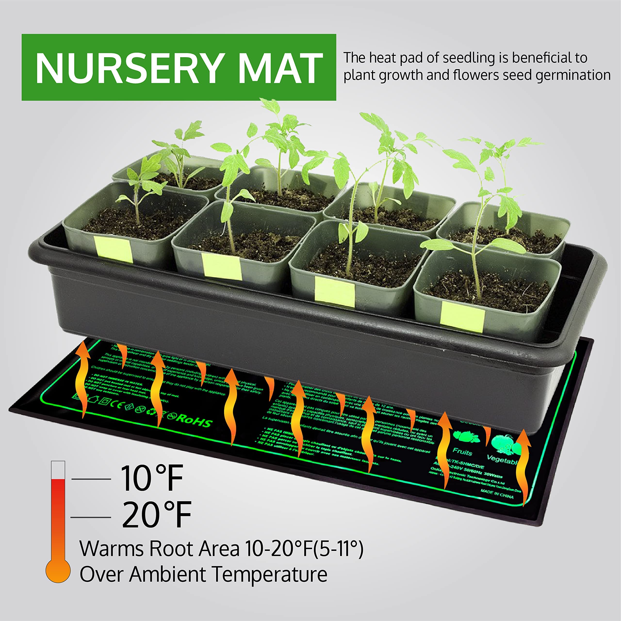 LAWNFUL Illuminated Seed Starter Kit: 60 Peat Pellets + 10''x20'' Plant Heating Mat + 3 Pack Germination Trays with Grow Light & Humidity Dome + 80 Plant Labels + Gardening Tools