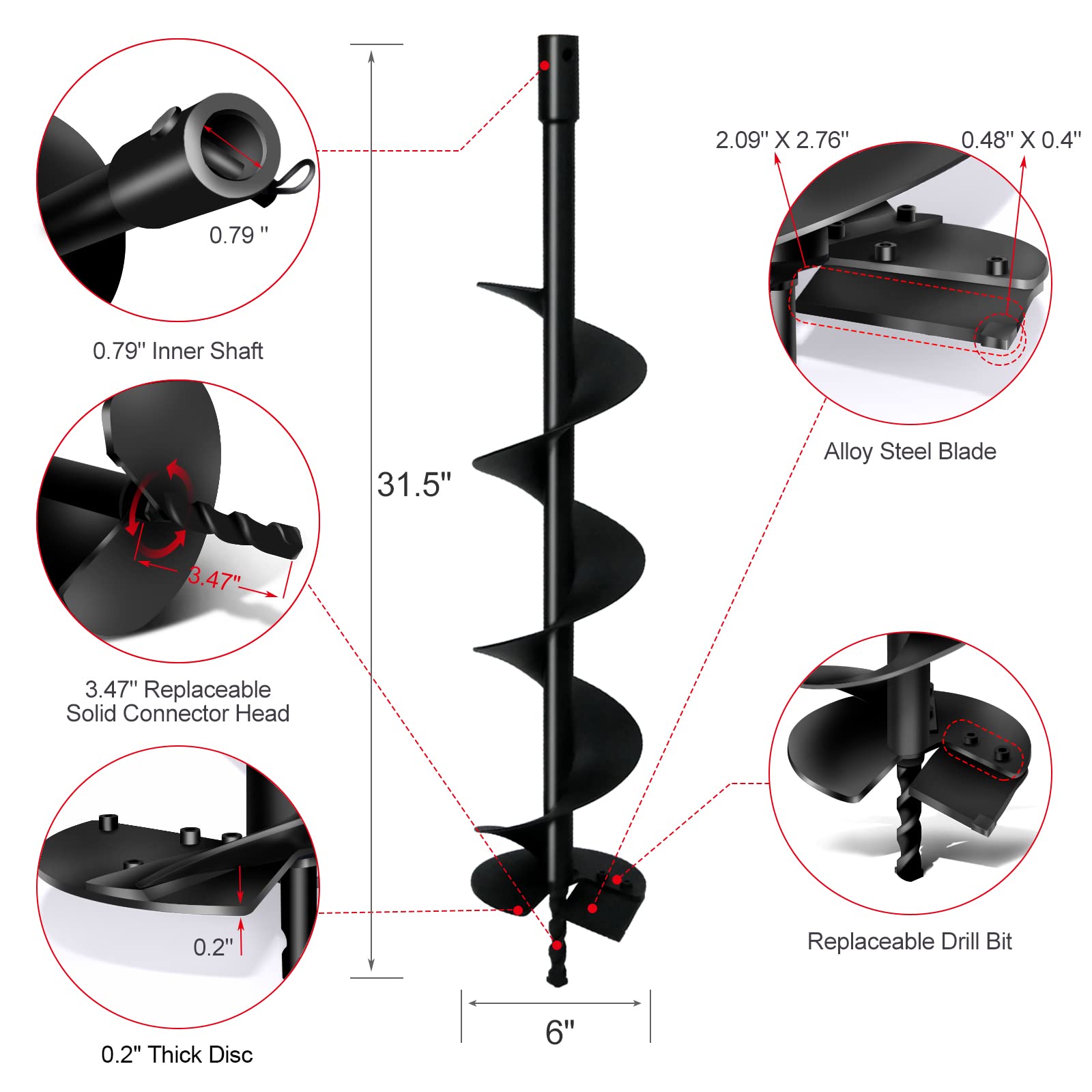 LONGRUN Post Hole Auger for Garden Fence Post, 6" x 31.5" Earth Auger Drill Bit, 0.79β(20mm) Inner Shaft Auger Bit for Planting Trees and Bedding, Bulbs, Seedlings, Gardening, Large Fencing Digger