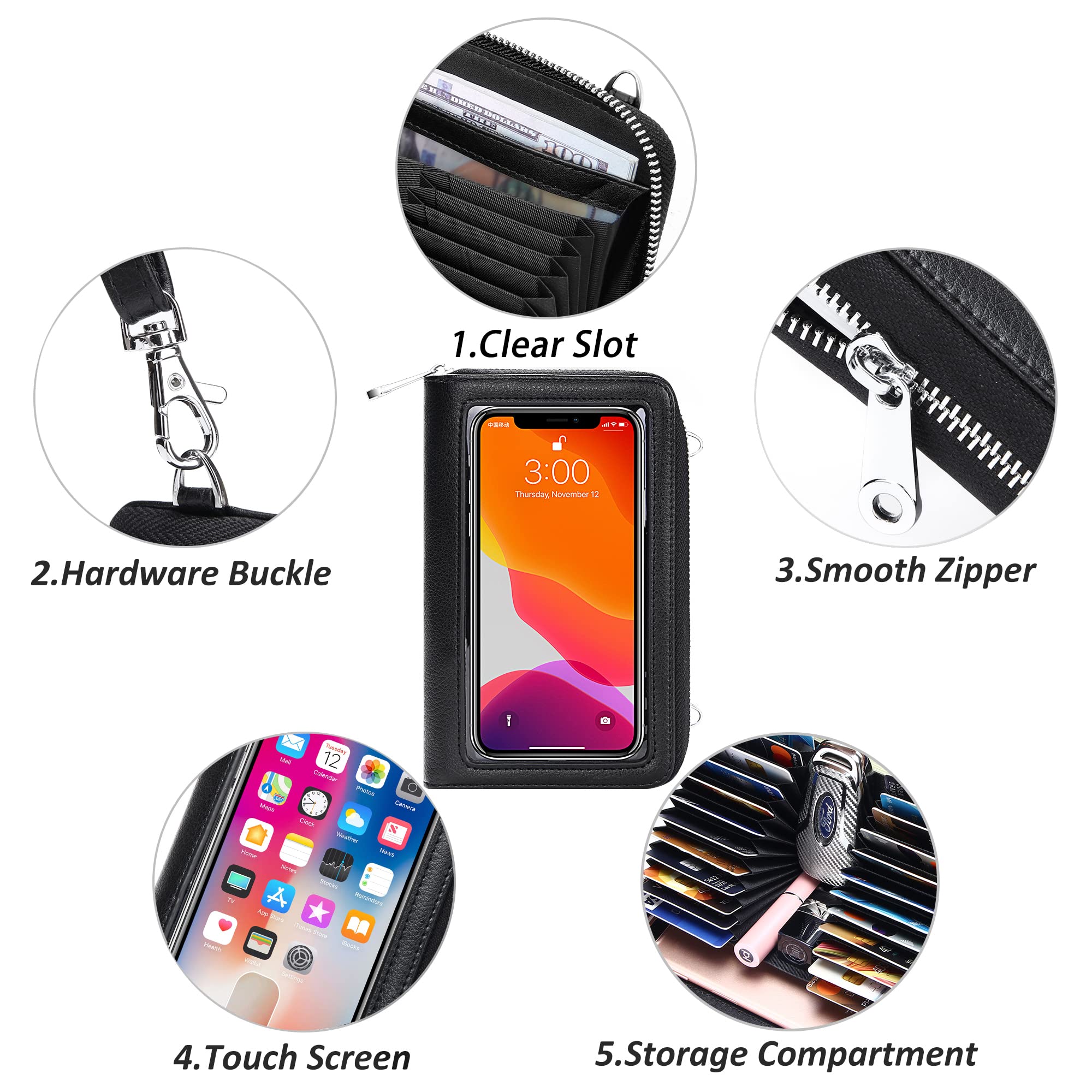 Small Purses for Women Cell Phone Crossbody Bag Large Capacity Wallet Zip Around with Clear Window and Wristlet(Black Thumb Hole)