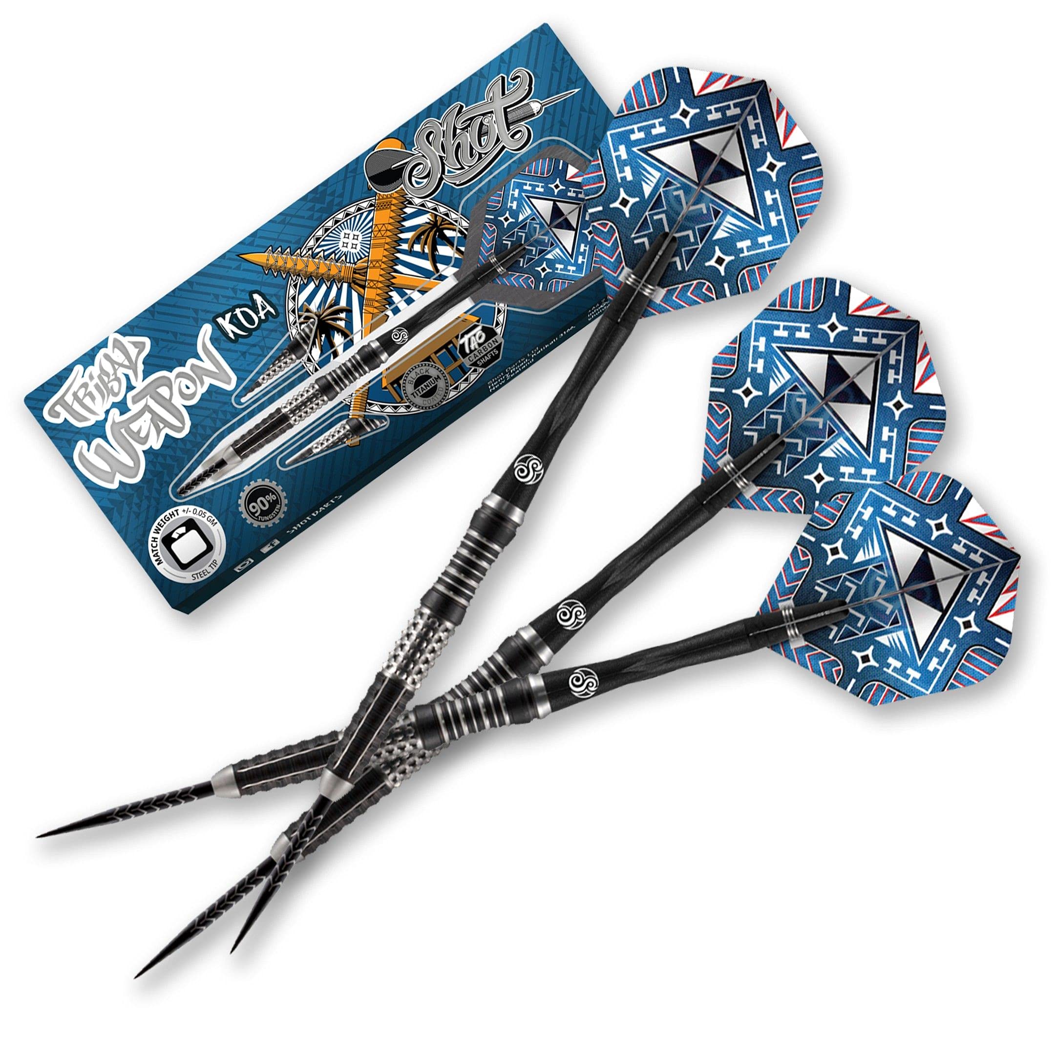 Shot Darts Steel Tip, Tribal Weapon Koa (23g/ 24g), 90% Tungsten Barrels, Center Balanced with Precision Grips, Handcrafted Professional Dart Set and Flights Made in New Zealand, Metal Tip Bar Darts