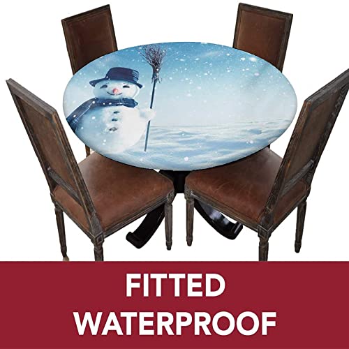 Snowman Round Fitted Tablecloth with Elastic Edge,Snow Covered Wintry Landscape Cute Print Polyester Table Cover, XXLarge, Fit Round Tables up 65"-71" Diameter, for Party Dining Banquet