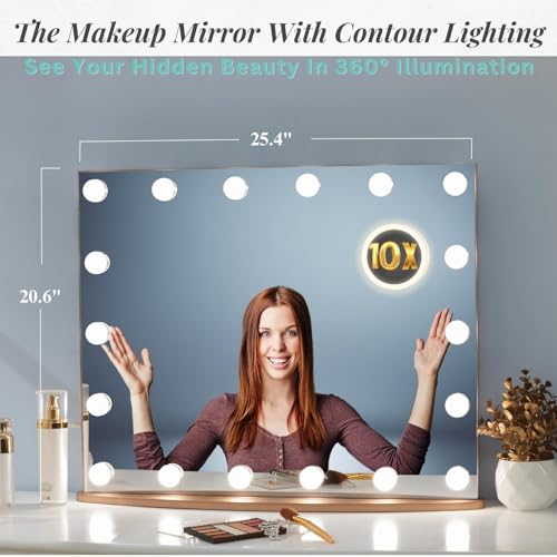 LUXFURNI Vanity Tabletop Hollywood Makeup Mirror w/USB-Powered Dimmable Light, Touch Control, 12 Day/Warm LED Light (16Wx20L, White)