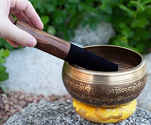 Large Tibetan Singing bowl Set - Bronze Style - Easy To Play - 5" Sound Yoga Bowl Mantra Design Mindfulness Meditation Healing Sound Gift By Himalayan Bazaar