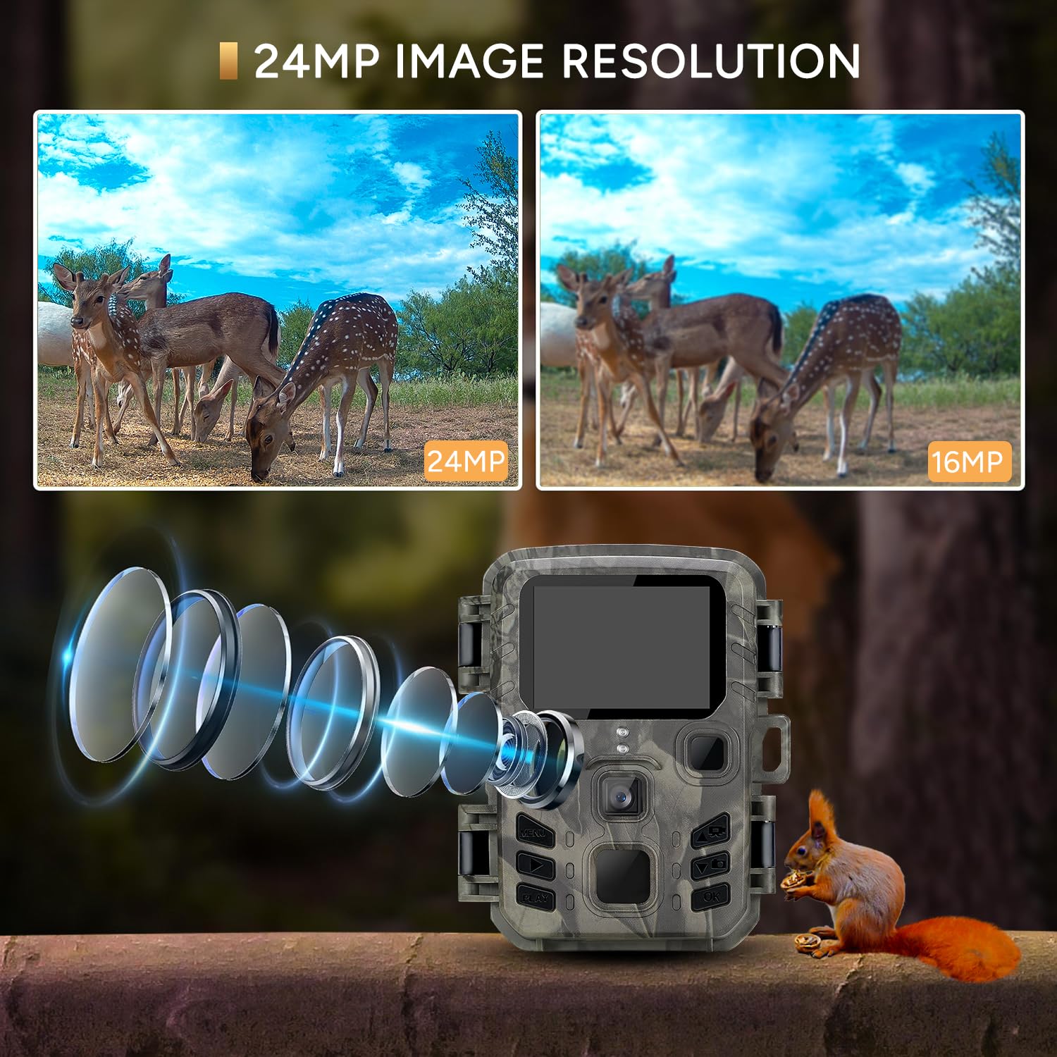 SuntekCam Mini Trail Camera 1080P 24MP Game Camera with Night Vision Motion Activated IP65 Waterproof, Trail Cam with 0.2s Trigger Speed and 65FT Distance for Wildlife Monitoring