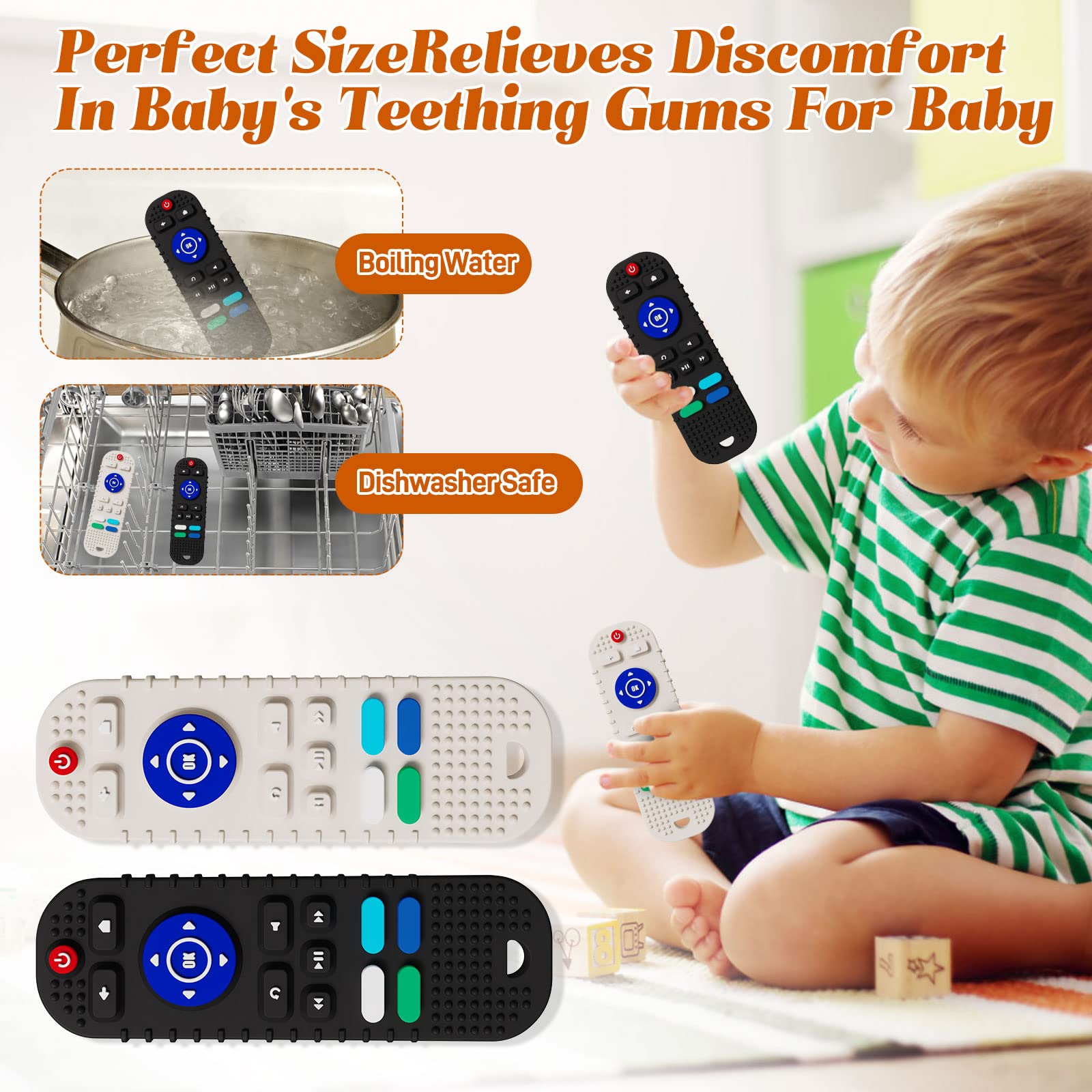 Silicone Remote Control Baby Teether Toys, Teething Toys for Toddler, Chew Toy for Baby 6-12 Months, Sensory Press Toy (Black)