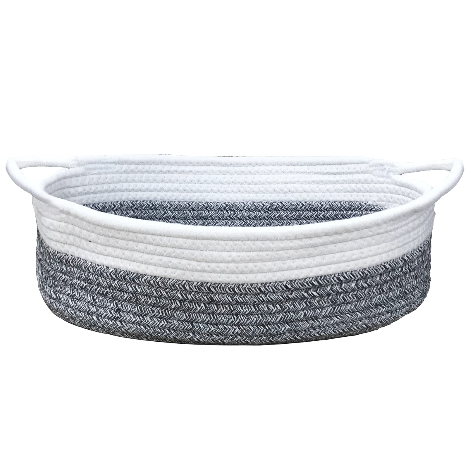 Small Woven Basket Cute Rope Basket Cotton Basket Baby Room Storage Basket Dog Toy Basket with Handles Empty Gift Basket for Shelf 13.2"x 8" x 5" Easter Basket Oval Empty Gift Basket (Grey White)