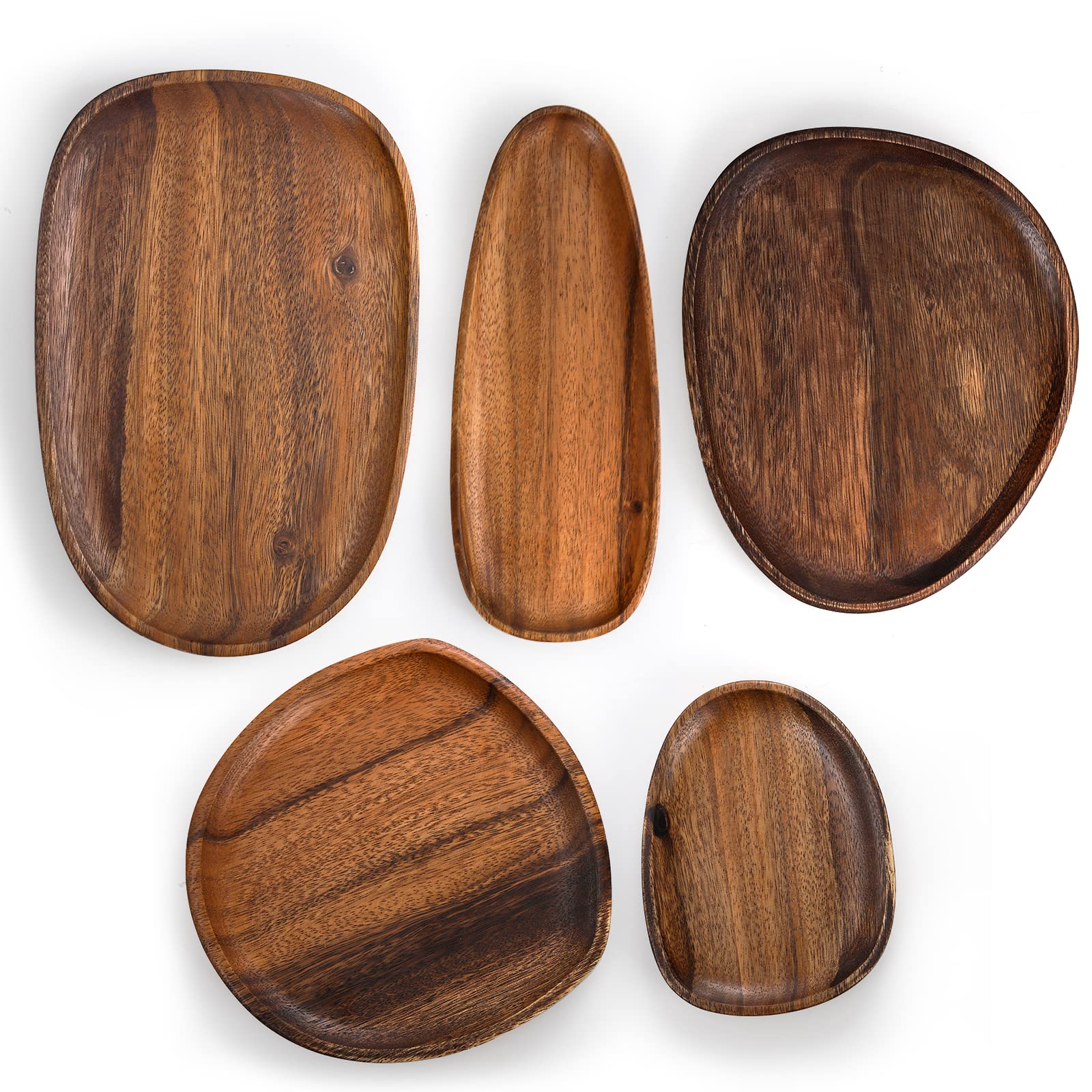 Okllen Set of 5 Acacia Wood Serving Platter and Trays, Irregular Oval Solid Wood Plates Serving Tray, Lightweight Wood Dinner Plates for Breakfast, Coffee, Tea, Snack, Plant, Housewarming Gift
