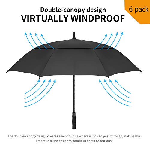 MRTLLOA 6 Pack 62/68 Inch Automatic Open Golf Umbrella, Extra Large Oversize Double Canopy Vented Windproof Waterproof Stick Umbrellas for Rain(62 Inch, Black)