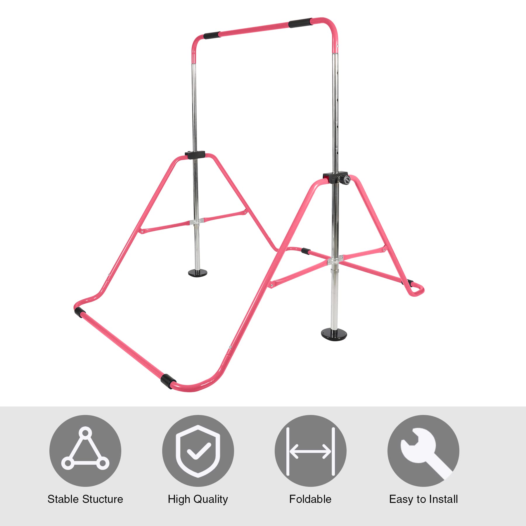 RedSwing Foldable Kids Gymnastics Bar, Adjustable Height Gymnastic Horizontal Bar for Toddler Ages 8-12, Stable Children Training Bar for Home, Easy to Assemble, Pink