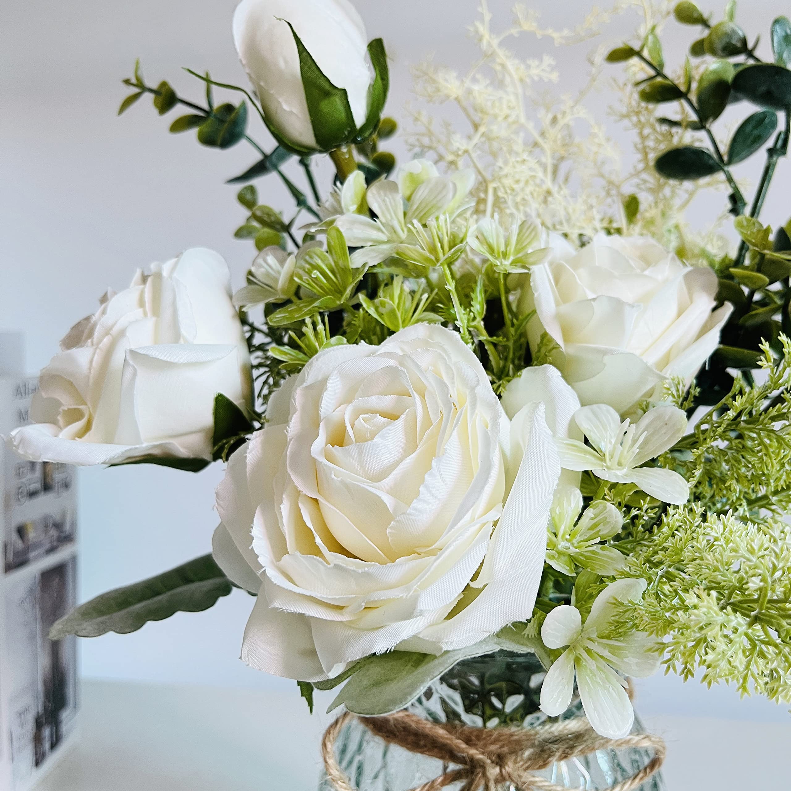 LADADA Fake Flowers with Vase, Silk Roses Artificial Flowers in Vase, Suitable for Wedding, Party, Home Decor.(Ivory)