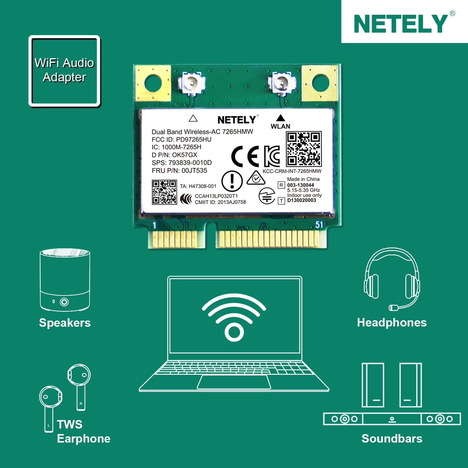 NETELY Wireless-AC 7265HMW Mini-PCIE Interface 1200Mbps WiFi Adapter with Bluetooth 4.2 for Windows 7,8.1,10,11 Laptop PCs and Desktop PCs, 2.4GHz 300Mbps & 5GHz 867Mbps, Intel Wireless-AC 7265D2W