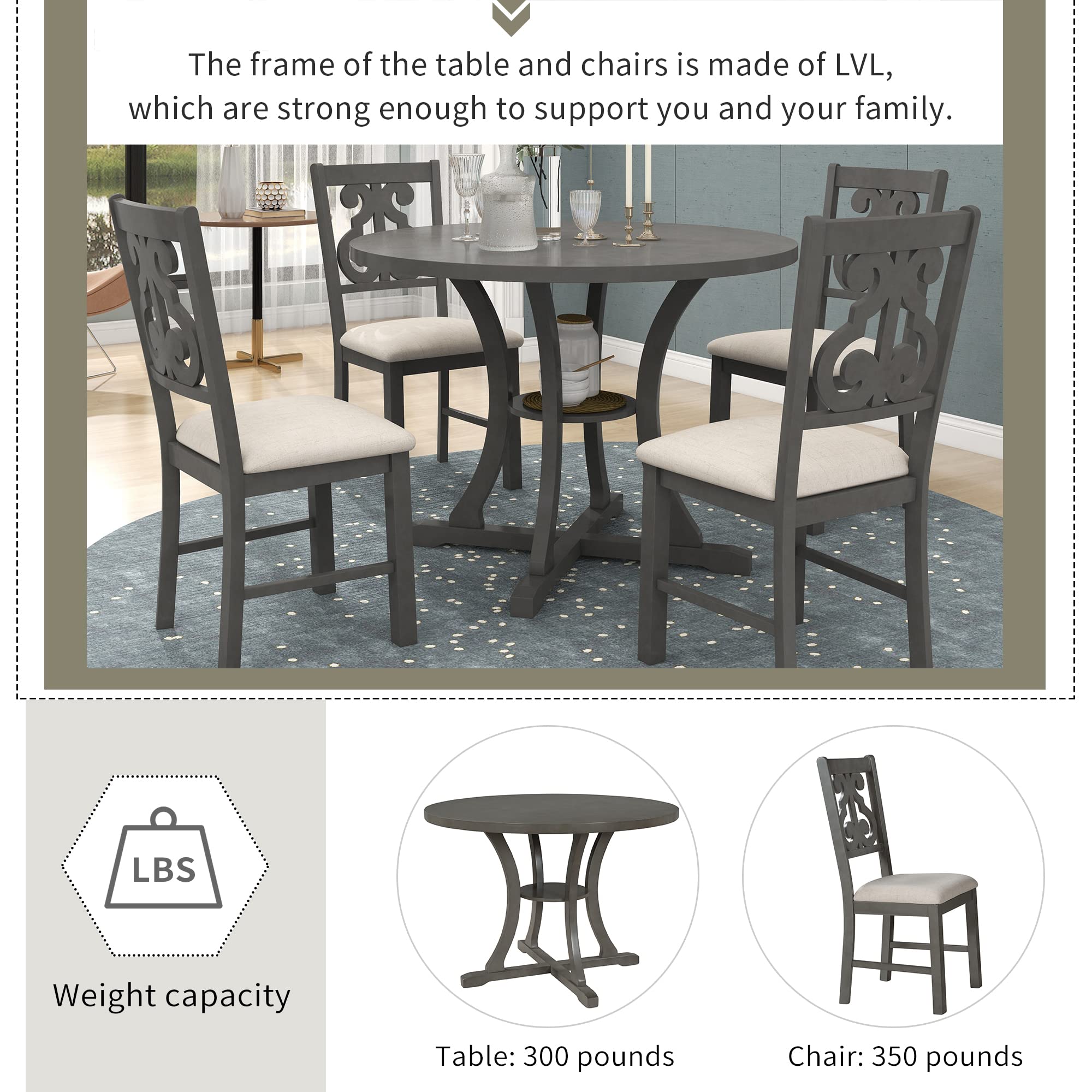 LCH 5 Piece Round Table Set 4 with Special-shaped Legs and an Exquisitely Designed Hollow Chair Back in The Dining Room (Grey)