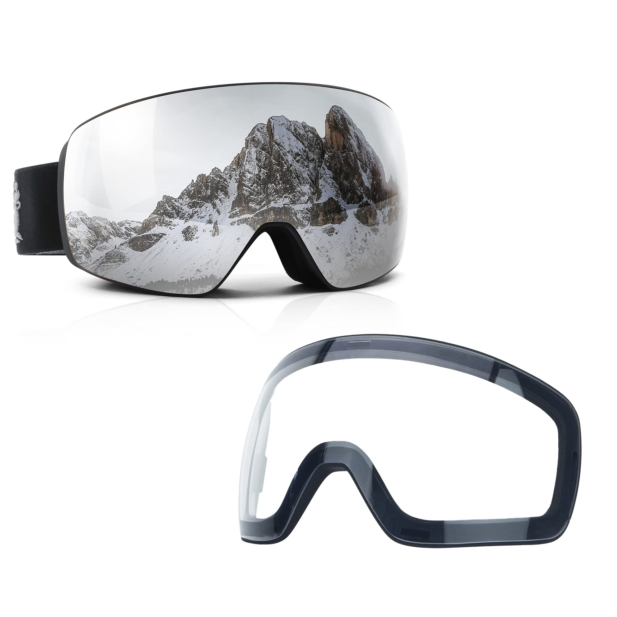 Super Penguin Ski Goggles Magnetic Lens & Replacement Lens, Double Spherical OTG Design Snow Goggles Anti-fog UV Protection