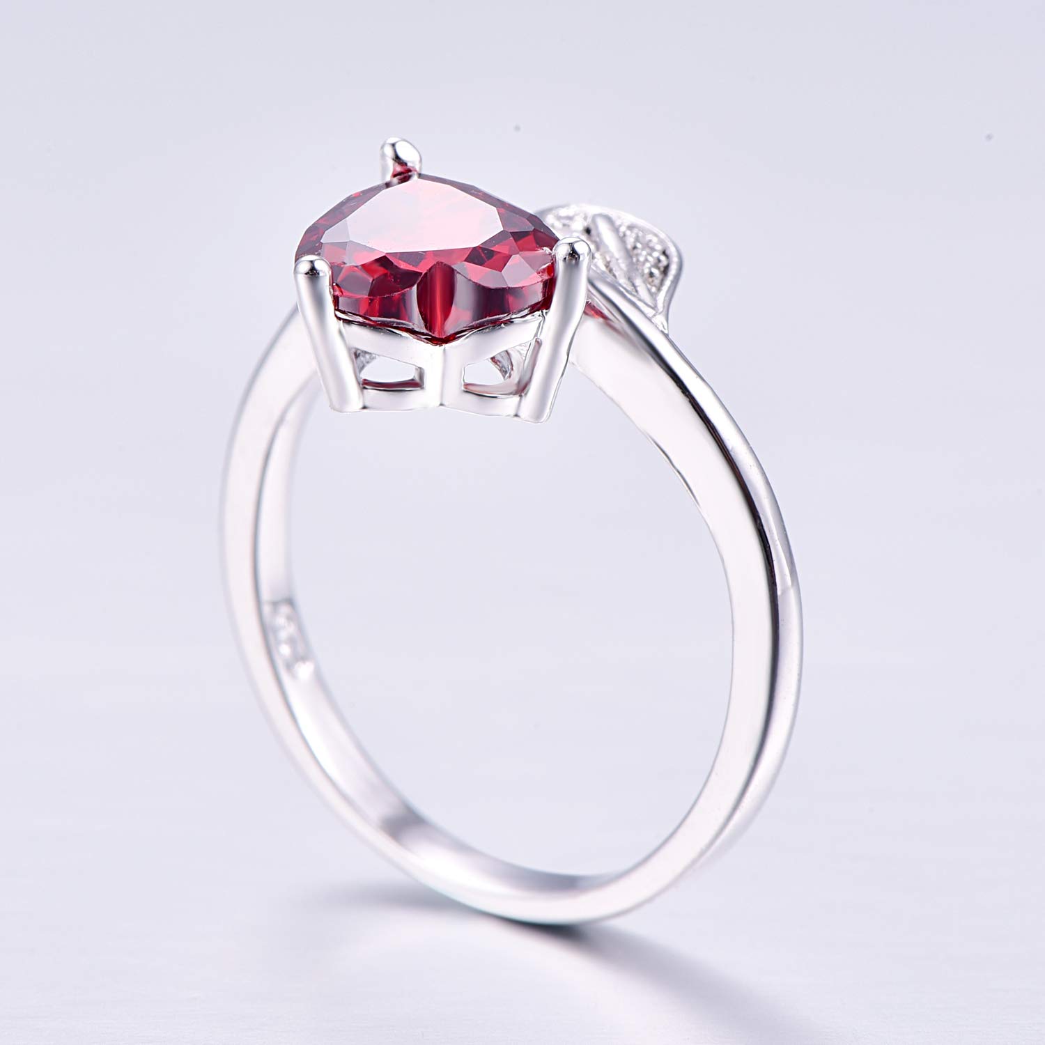 Narica Women's Created Exquiste 925 Plated Sterling Silver Heart Cut Created Garnet Leaf-shaped Rings Size 6