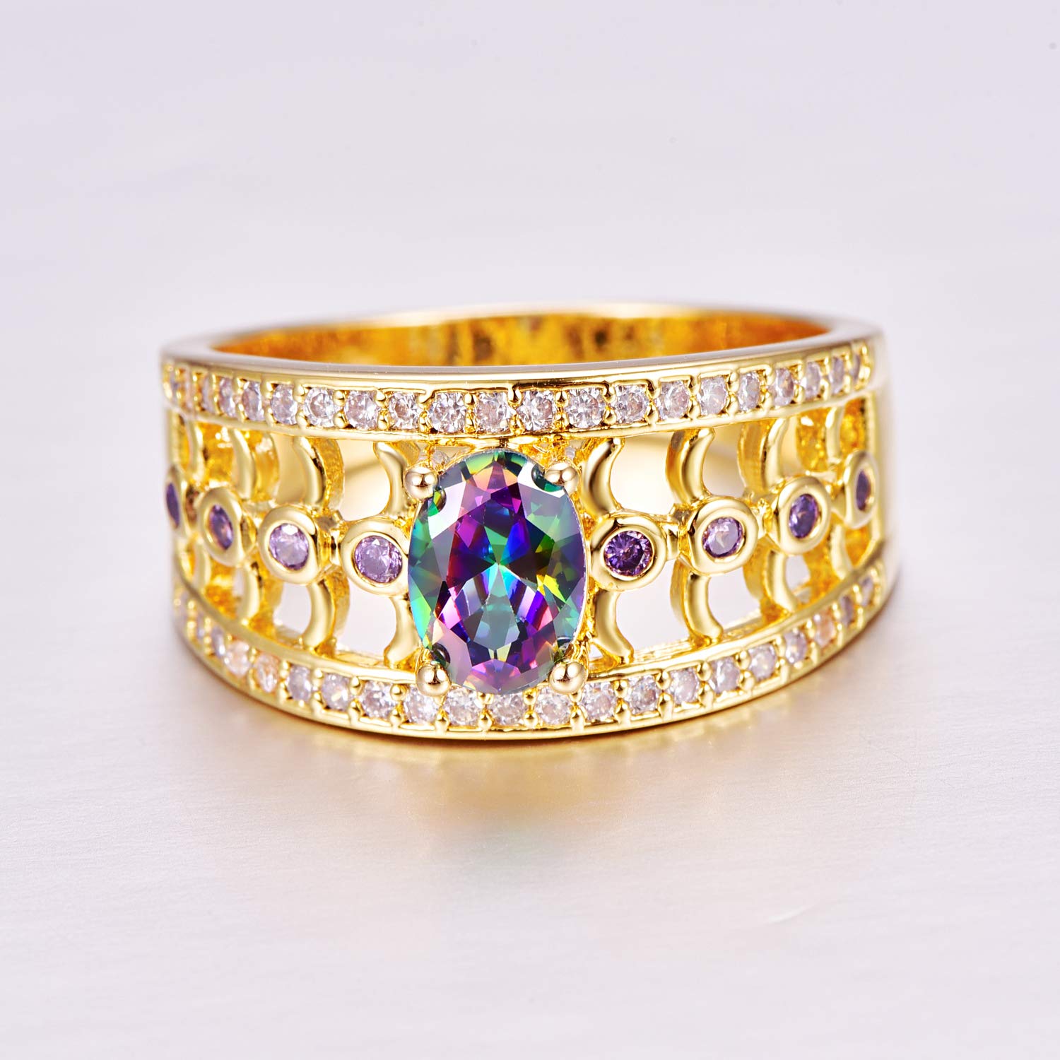 Narica Yellow Gold Plated Women's Vintage Oval Cut Created Blue Sapphire Openwork Ring Wide Band CZ Cubic Zirconia Filled for Mom 9#