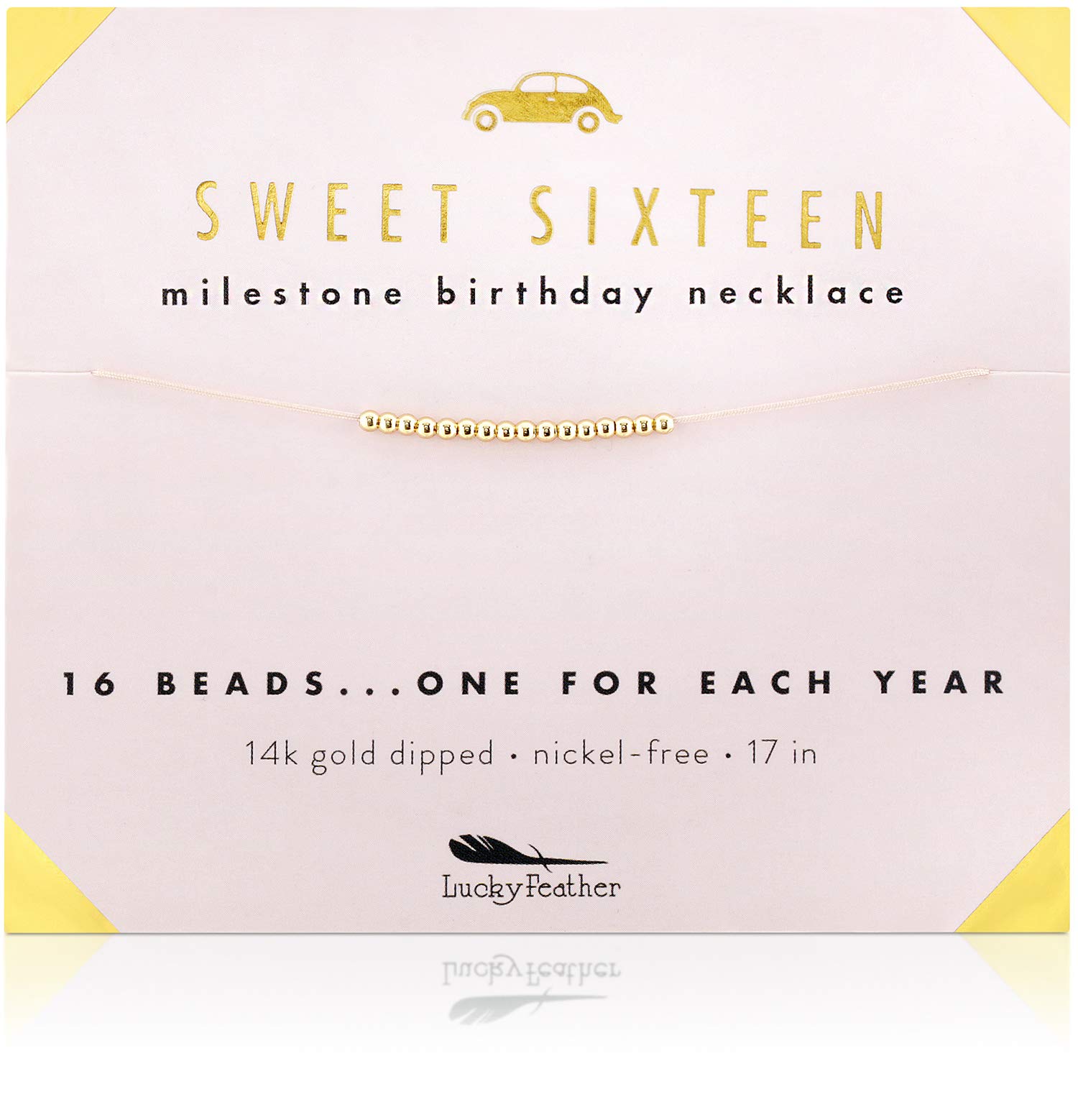Lucky Feather Sweet 16 Milestone 14K Gold Dipped Beads Necklace on 17" Cord - Perfect 16th Birthday Gift Ideas
