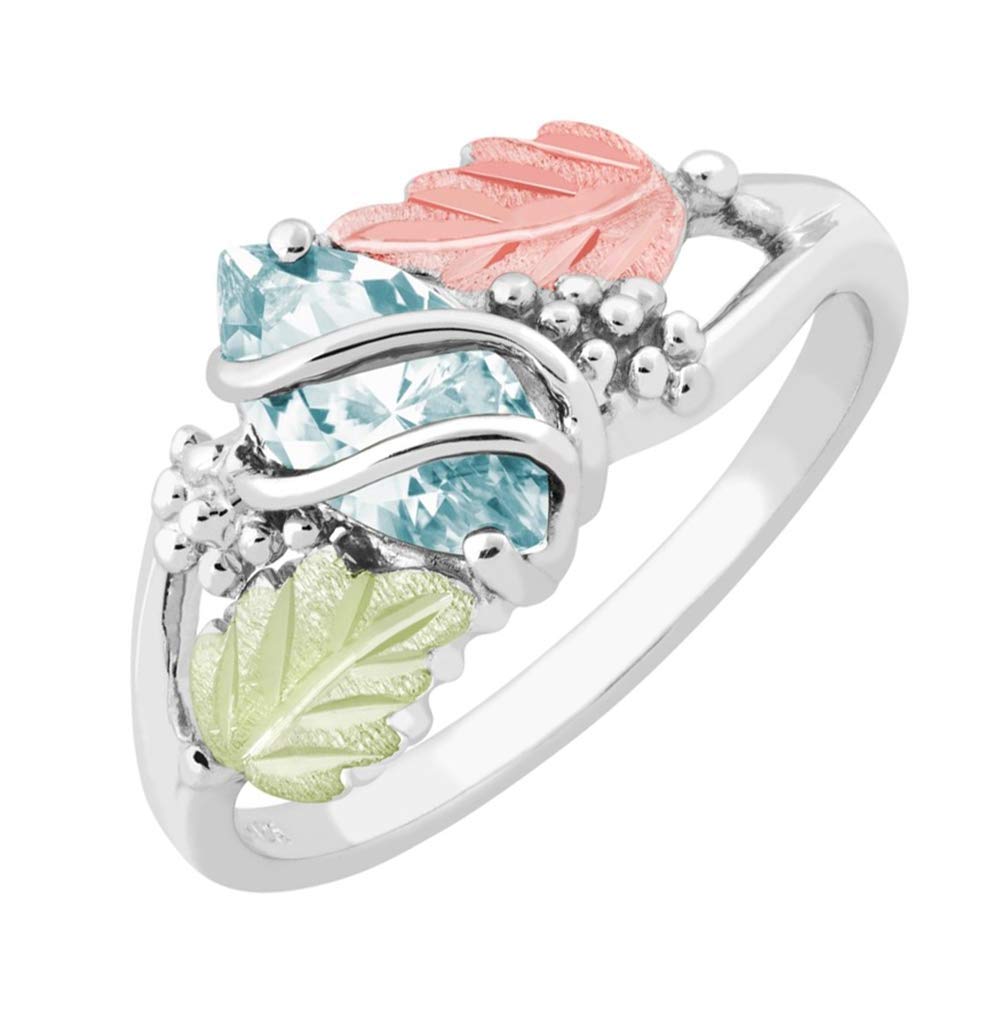 Marquise Synthetic Aquamarine March Birthstone Wrap Ring, Sterling Silver, 12k Green and Rose Black Hills Gold Size 5