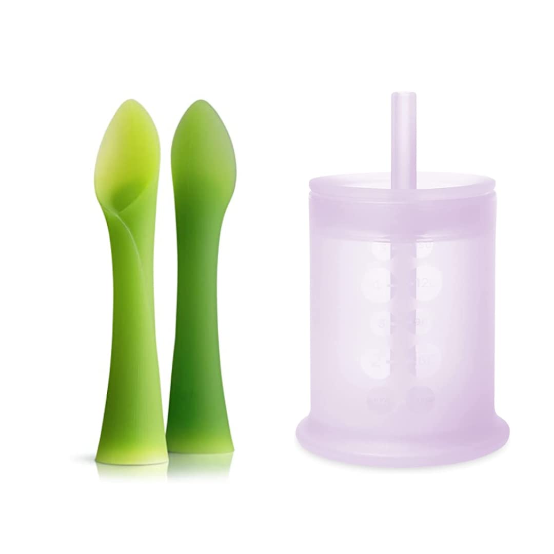 Olababy 100% Silicone Training Spoon Set and Cup with Straw Lid (Lilac) Bundle