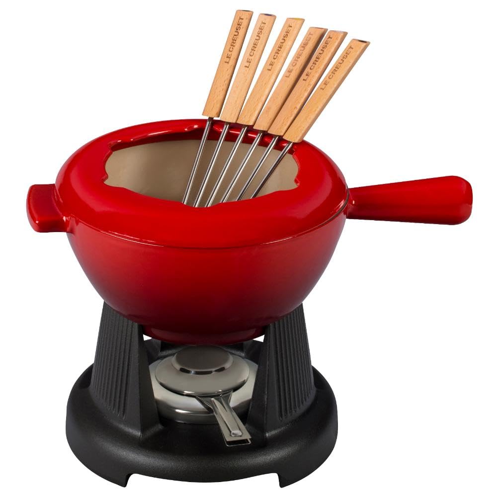 Le Creuset Enameled Cast Iron Cheese Fondue Set, 2-Quart, Cherry