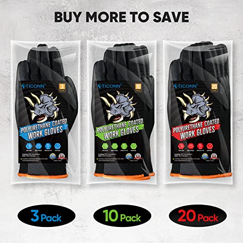 TICONN Work Gloves with Grip for Men and Women, All Purpose 3D Stretch Fit Slip Resistant PU Coated Grip Gloves (3 Pack, Medium)