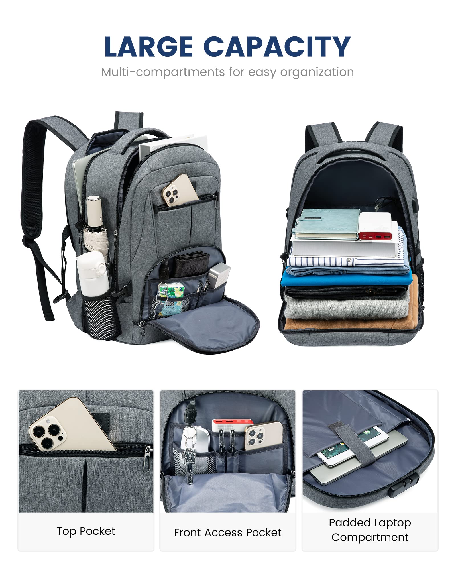 LOVEVOOK Travel Laptop Backpack Waterproof Anti Theft Backpack with Lock and USB Charging Port Large Computer Business Backpack for Men College Backpack (17 inch,DarkGrey