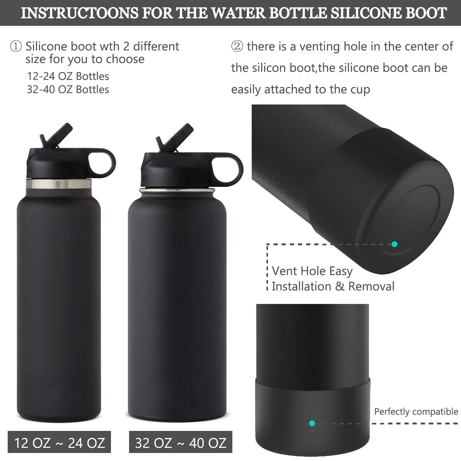 nononfish Paracord Handle for Standard Mouth Water Bottle, with Safety Ring, Carabiner, Compass, Plus Water Bottle Sleeve 40 oz and 50 Anime Stickers Straw Water Bottle Set
