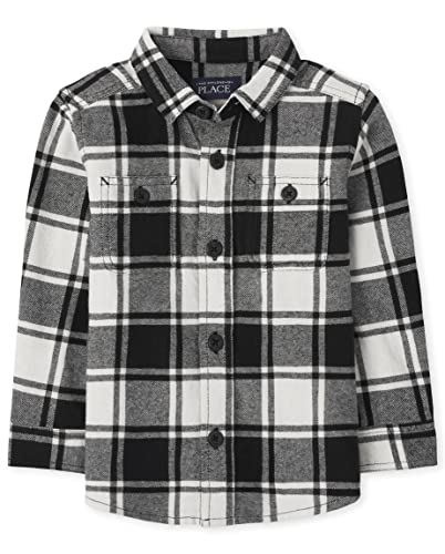 The Children's Place Baby Toddler Boys Long Sleeve Buffalo Flannel Button Down Shirt, Black Plaid, 5T
