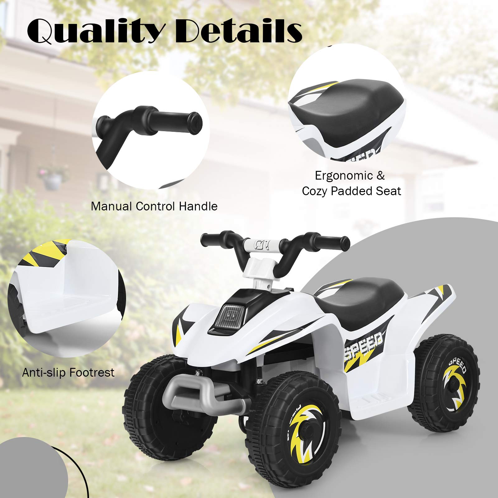OLAKIDS Kids Ride On ATV, 6V Motorized Quad Toy Car for Toddlers, 4 Wheeler Battery Powered Electric Vehicle for Boys Girls with Forward/Reverse Switch, Anti-Slip Wheels (White)