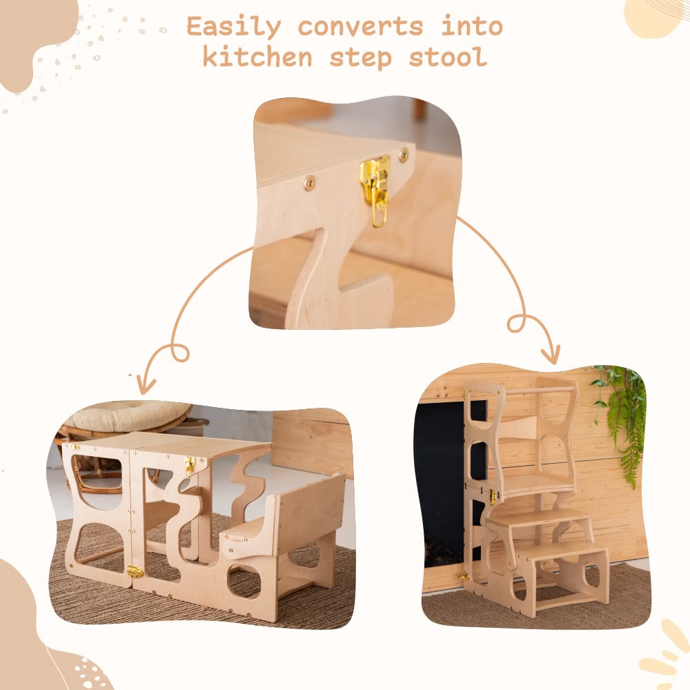 WoodandHearts Montessori Step Stool for toddlers - 2 in 1 Multifunctional Learning Tower - Kitchen Standing Helper (with shapes cutouts)