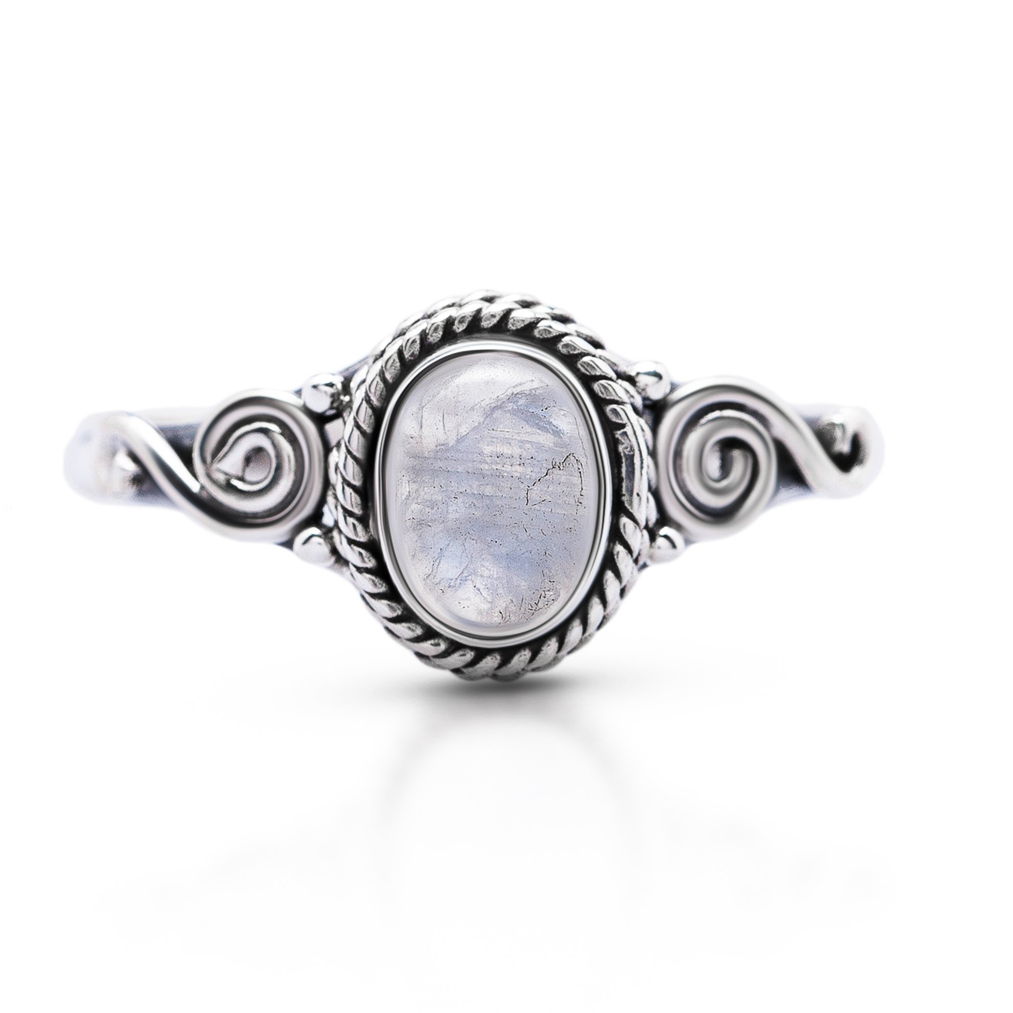 Koral Jewelry Moonstone Spiral Sides Ring 925 Sterling Silver Vintage Tribal Gipsy Boho US Size 5 6 7 8 9 (6)