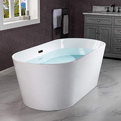 WOODBRIDGE 59" Acrylic Freestanding Bathtub Contemporary Soaking White Tub with Matte Black Overflow and Drain,B0014-MB-Drain &O
